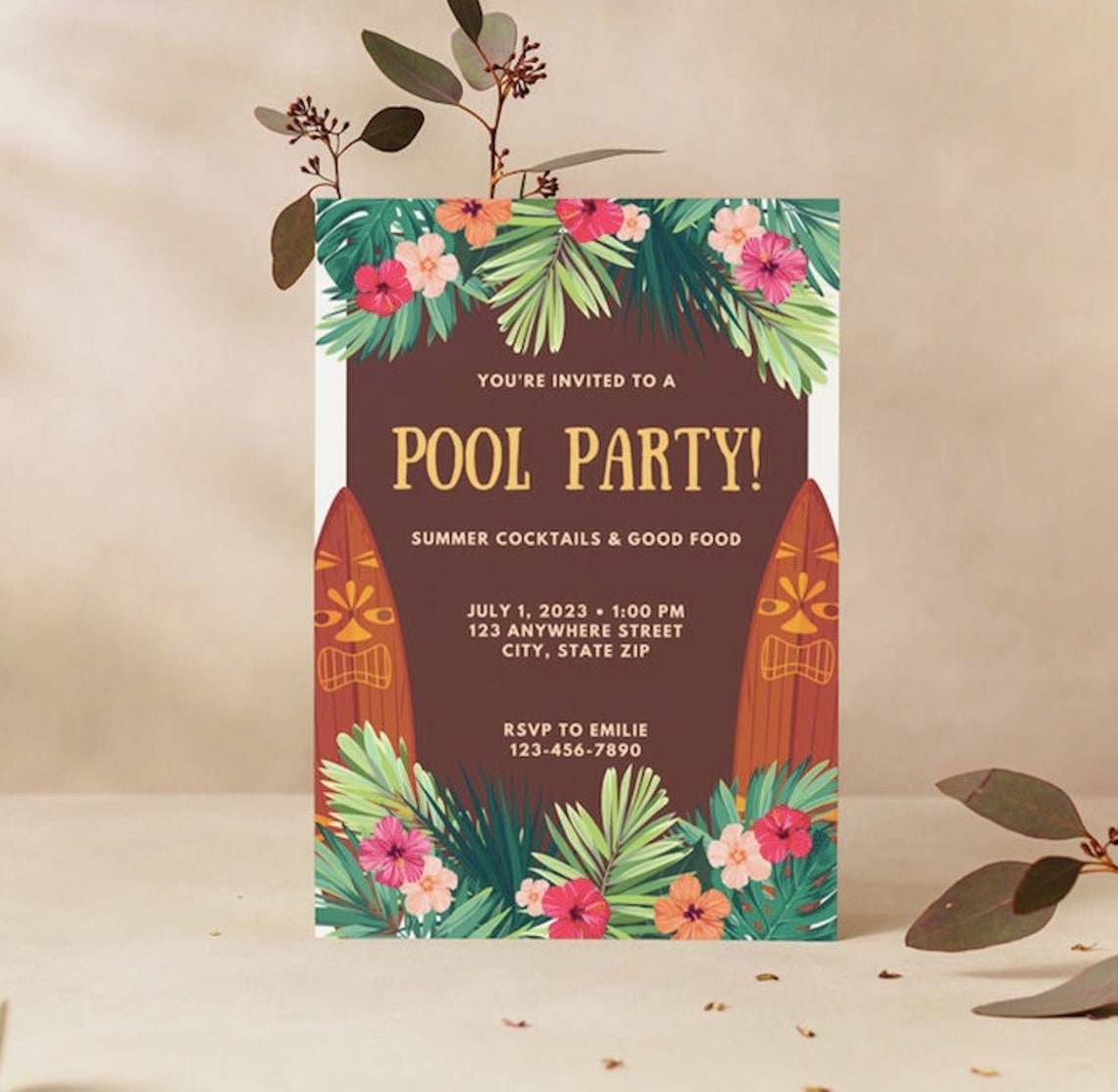 Tiki Pool Party Birthday Pool Invitation Templates 5x7 - Etsy