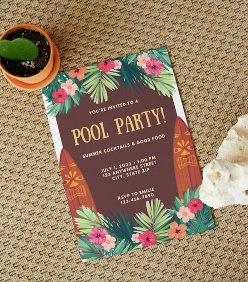 Tiki Pool Party Birthday Pool Invitation Templates 5x7 - Etsy