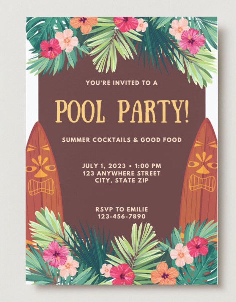 Tiki Pool Party Birthday Pool Invitation Templates 5x7 - Etsy