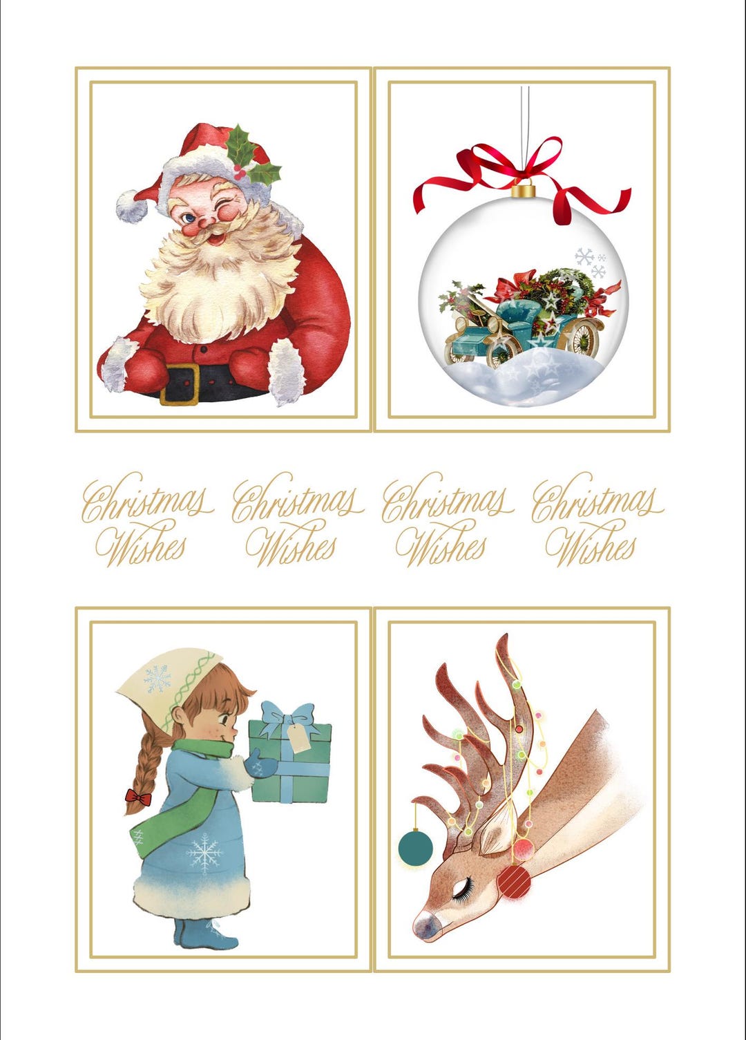 Vintage Christmas Card Toppers, Santa, Deer, Girl (A4 Sheet) - Etsy