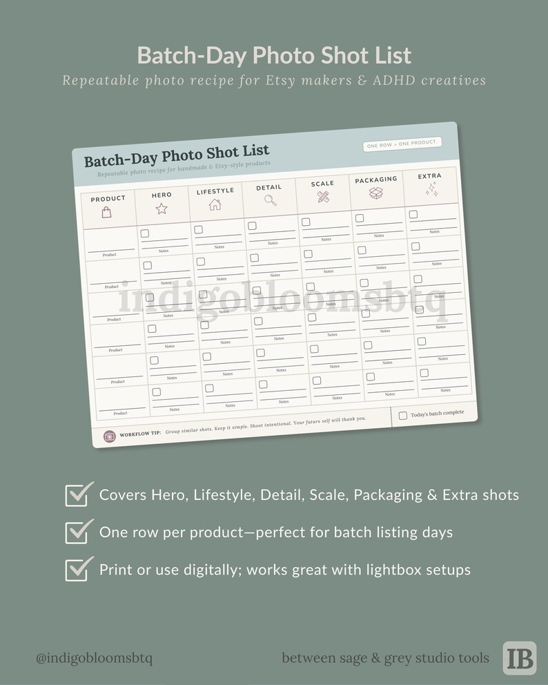 Batch-day Photo Shot List for Etsy Sellers | Printable Adhd-friendly ...
