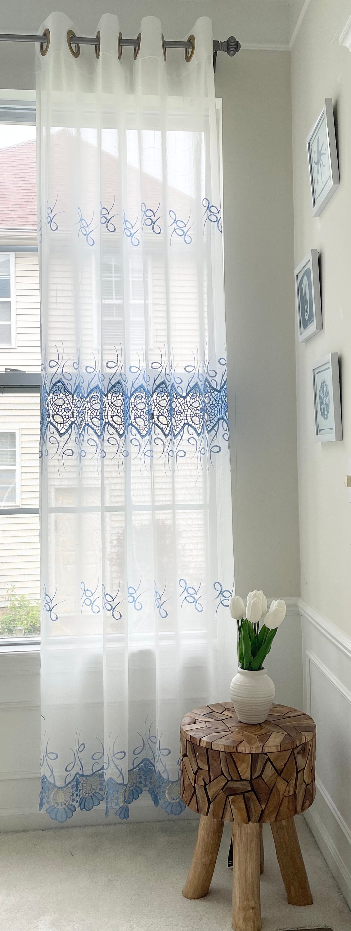 Luxury Embroidered Custom Sheer Curtains, White Light Blue Dull Gold ...