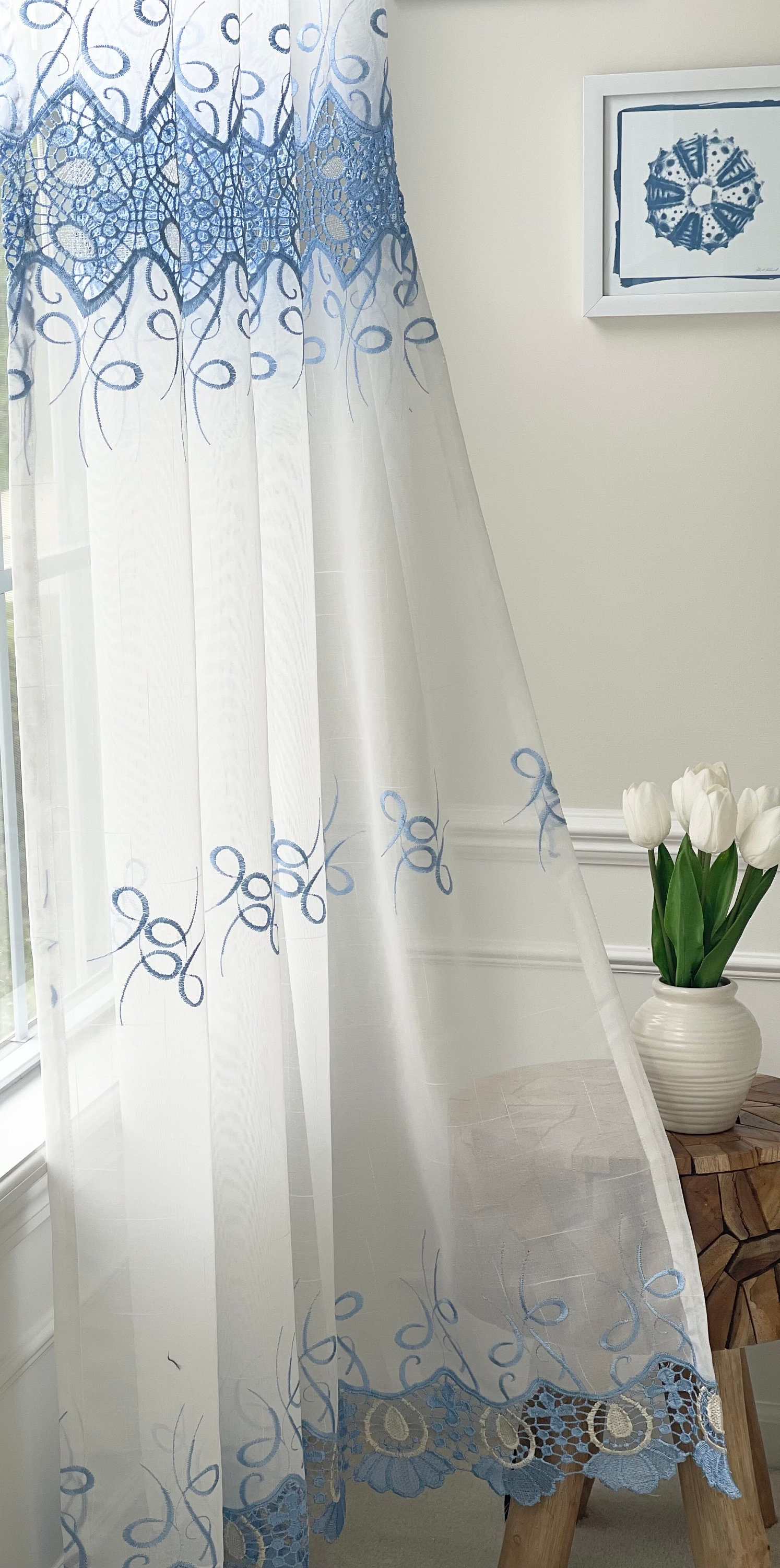 Luxury Embroidered Custom Sheer Curtains, White Light Blue Dull Gold ...