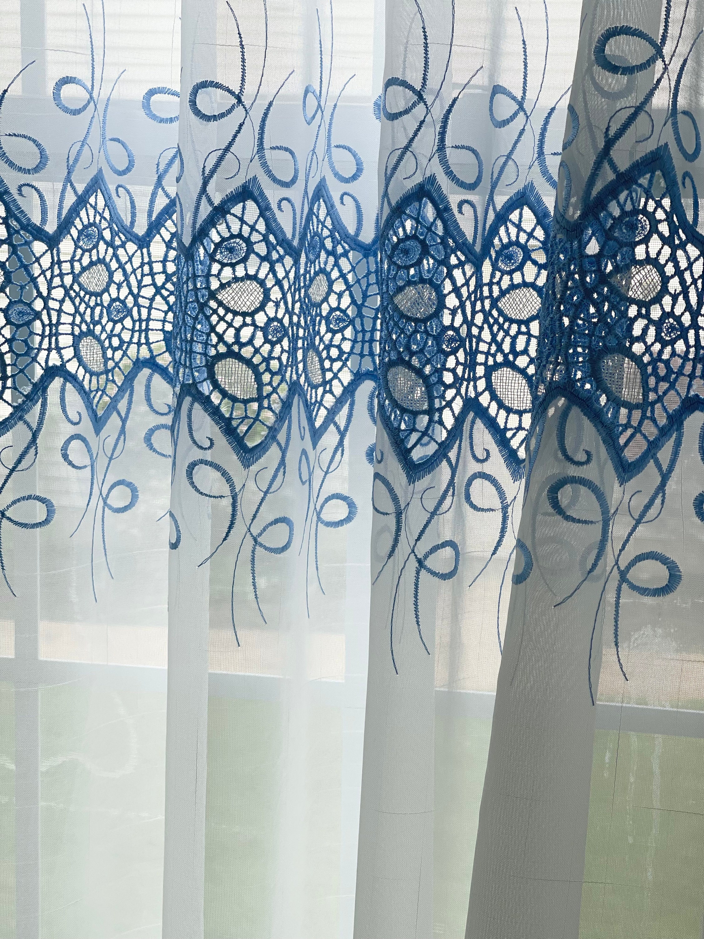Luxury Embroidered Custom Sheer Curtains, White Light Blue Dull Gold ...