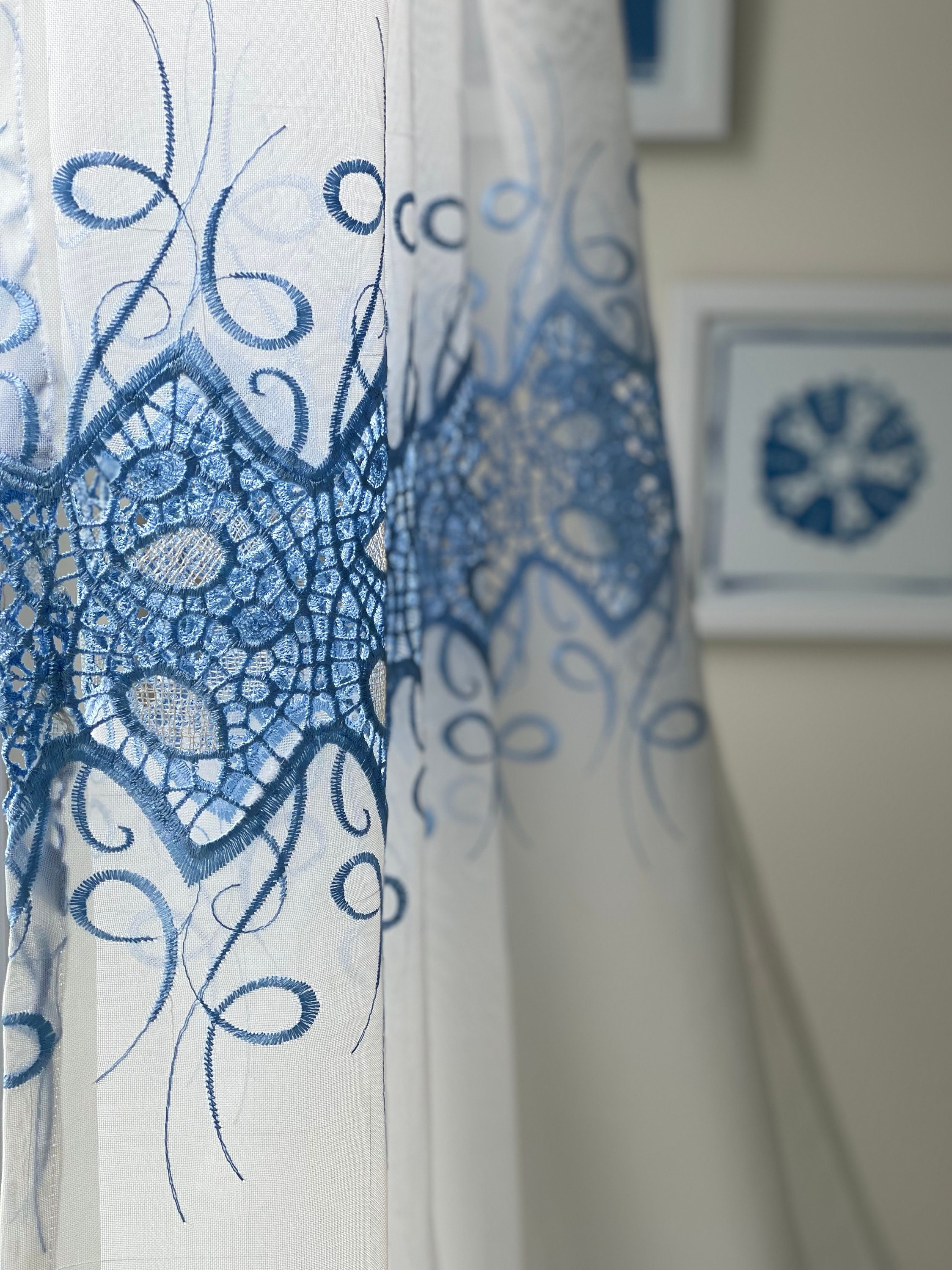 Luxury Embroidered Custom Sheer Curtains, White Light Blue Dull Gold ...