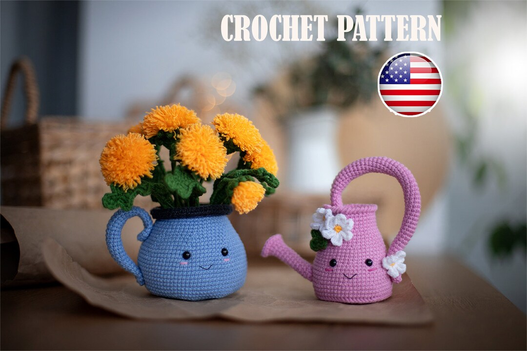 SET Amigurumi Pattern Crochet Dandelions in Mug and a Watering Can, Amigurumi Dandelions ...