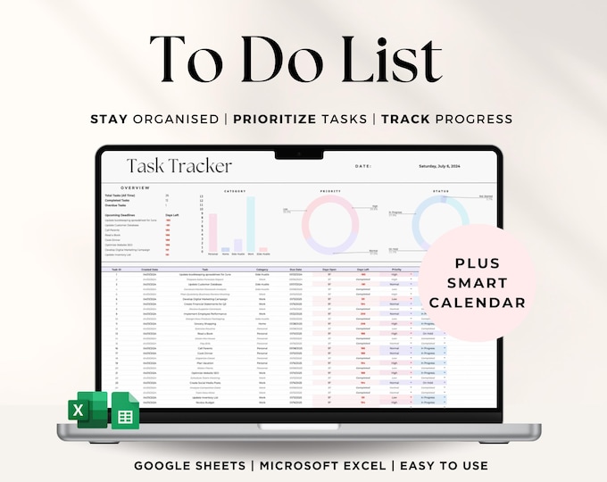 Task Tracker Spreadsheet Template, Task Management Google Sheets, To-do List Productivity ...