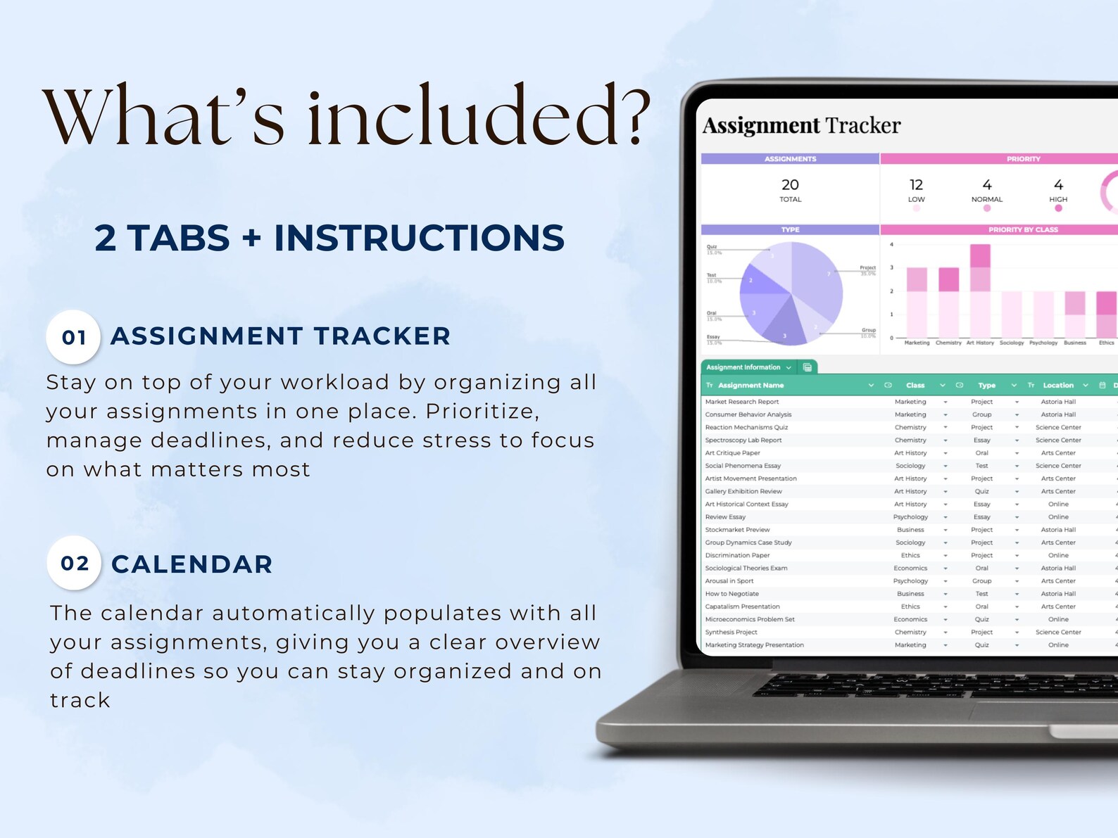Assignment Tracker Spreadsheet Digital Student Planner Google Sheets ...