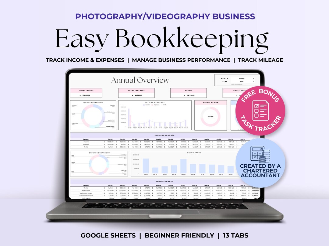 Easy Bookkeeping Spreadsheet Template for Photographer Videographer ...