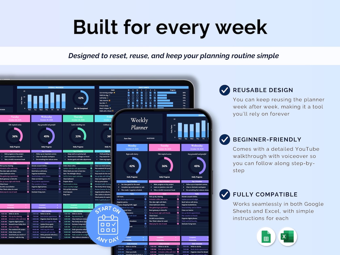 Weekly Planner Daily Task Tracker Spreadsheet Routine to Do List ...