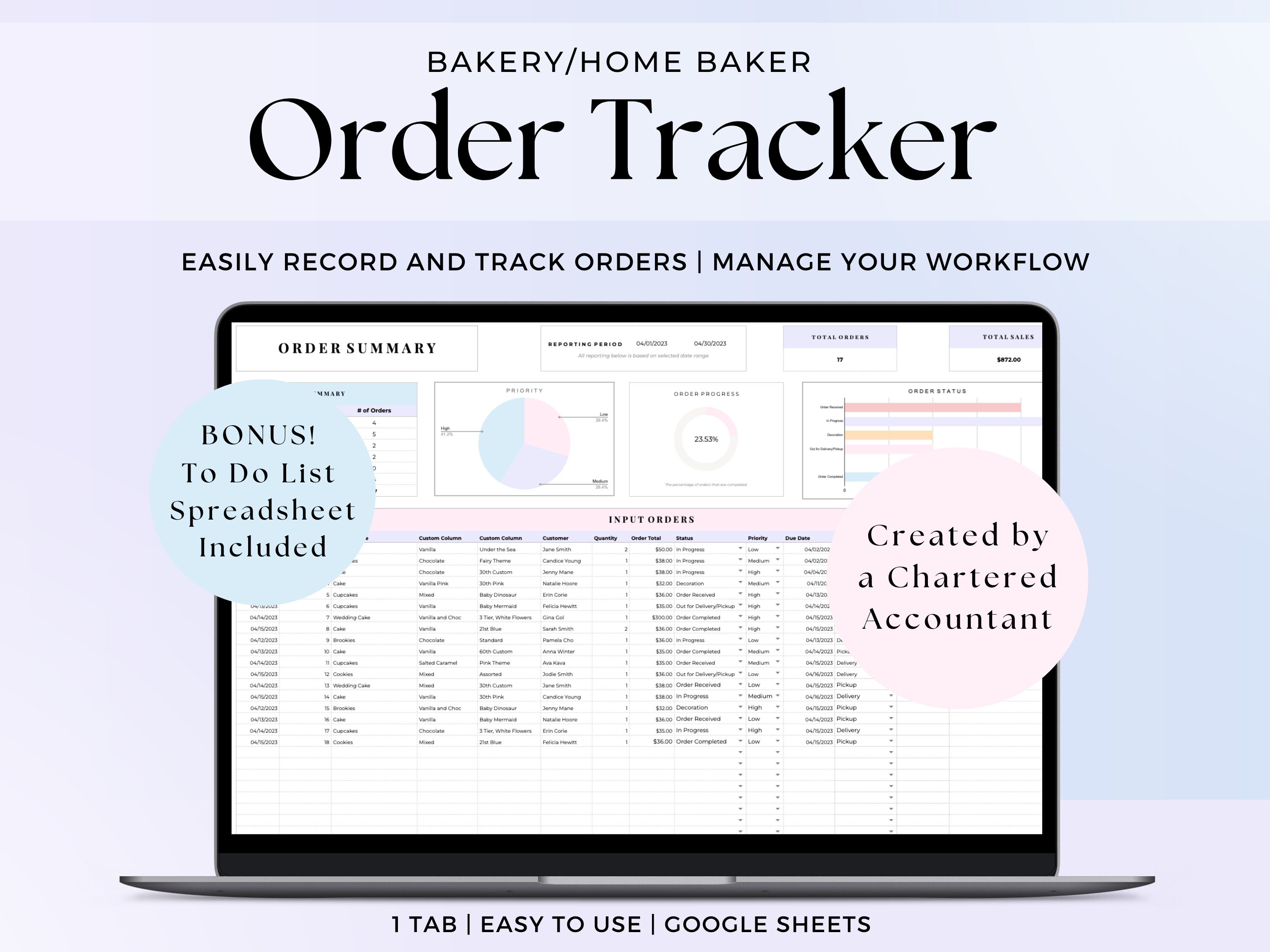 Order Tracker Spreadsheet, Home Baker Business Order Log Template ...