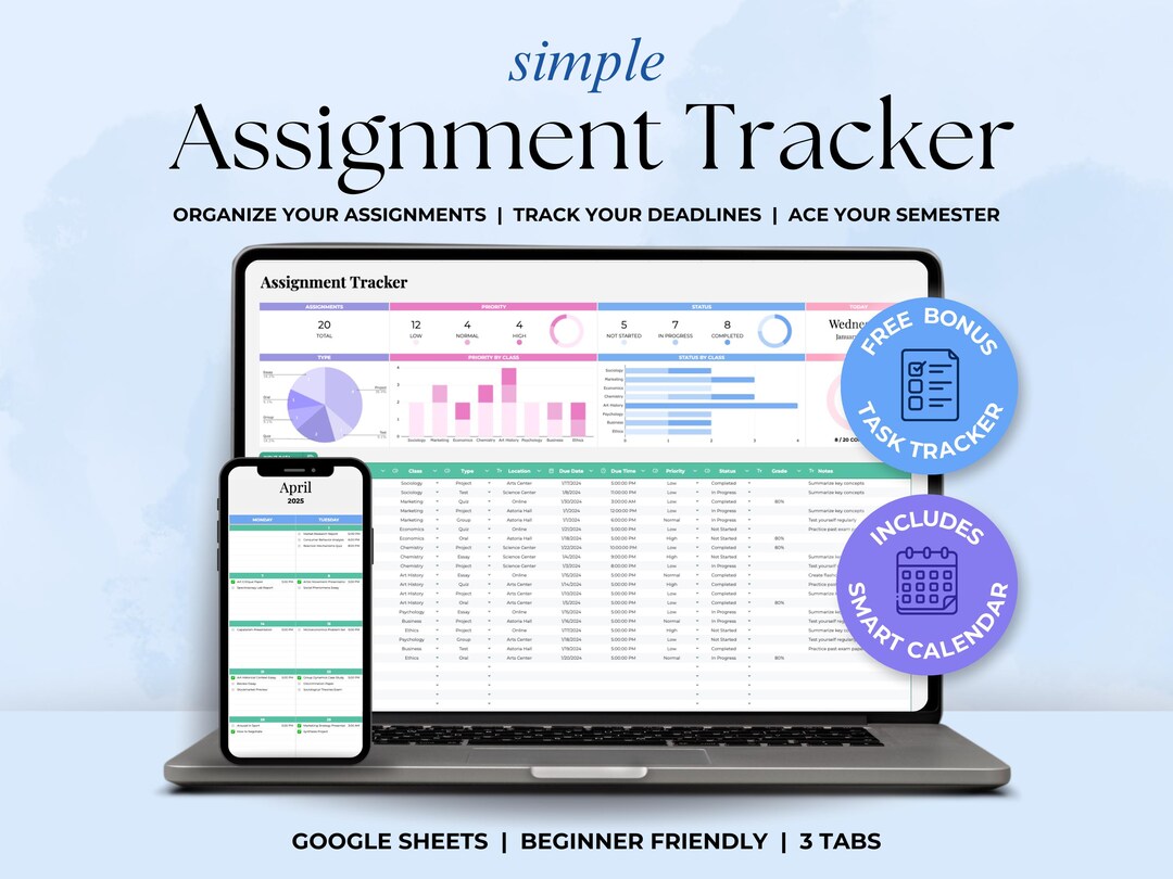 Assignment Tracker Spreadsheet Digital Student Planner Google Sheets ...