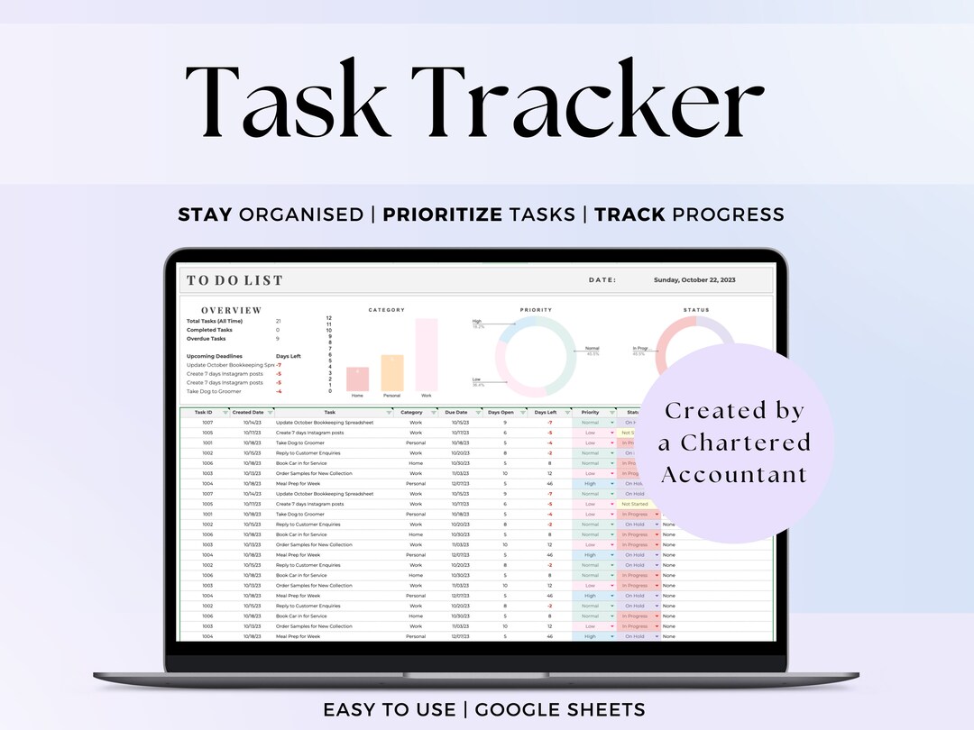 Task Tracker Spreadsheet Template, Task Management Google Sheets, To-do ...