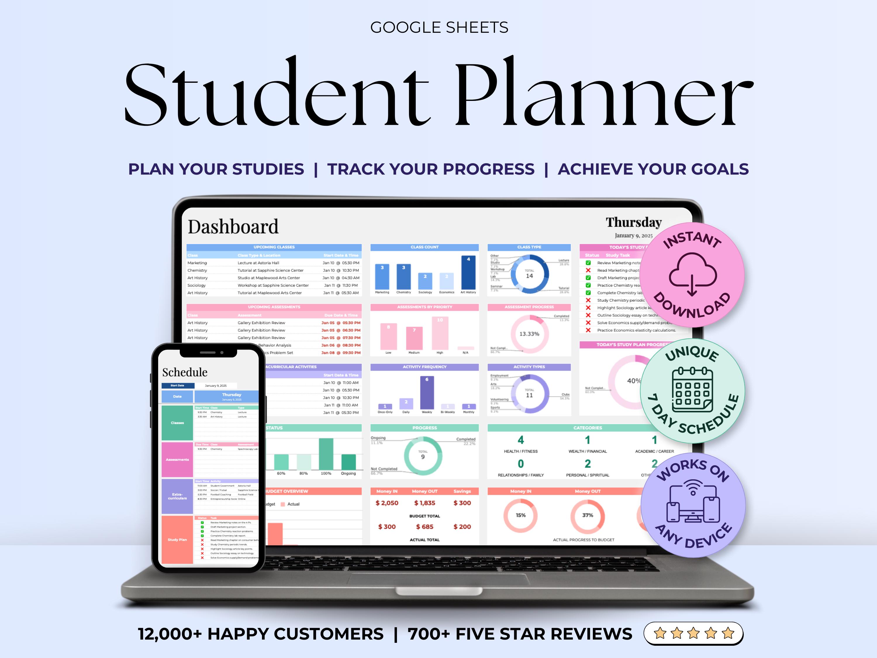 Academic Student Planner Spreadsheet 2026 College Assignment Tracker ...