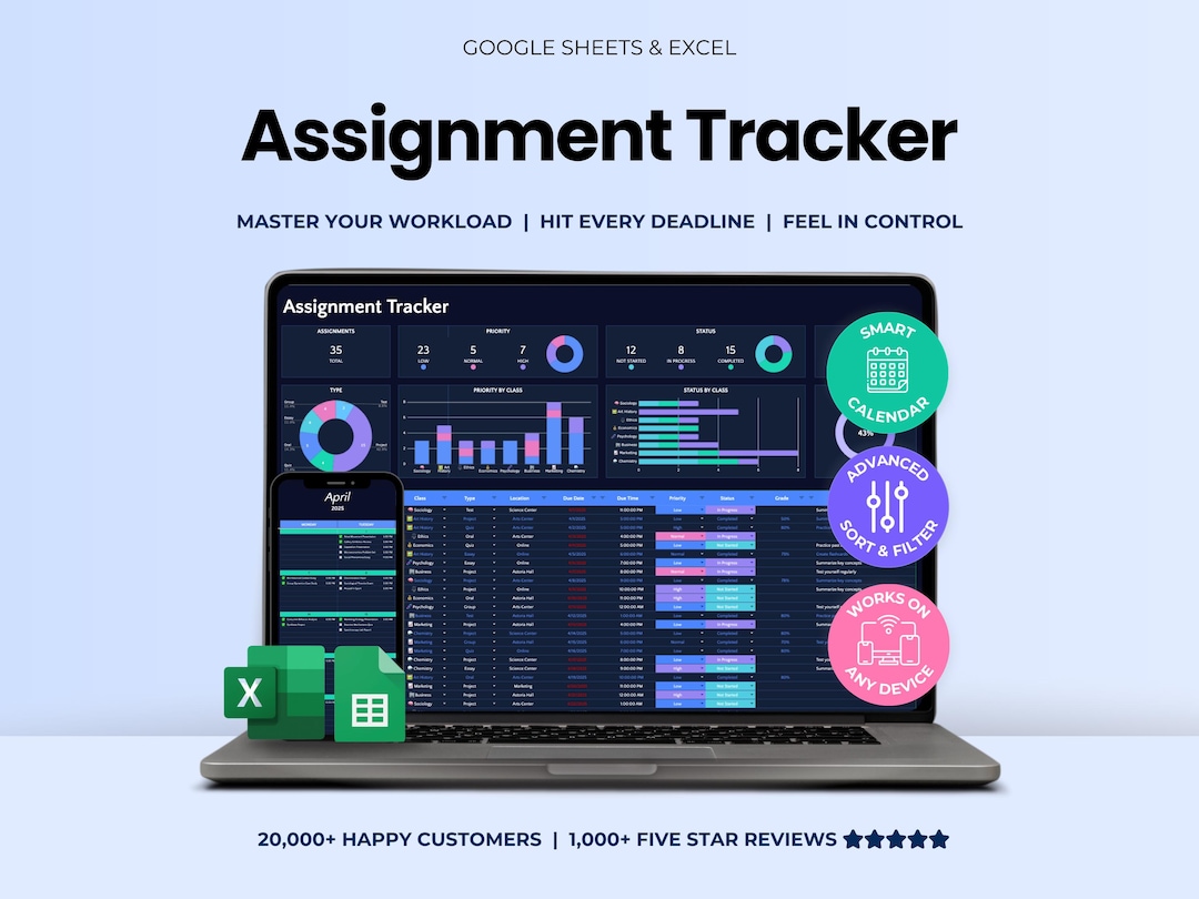 Assignment Tracker Spreadsheet Google Sheets Digital Student Planner ...