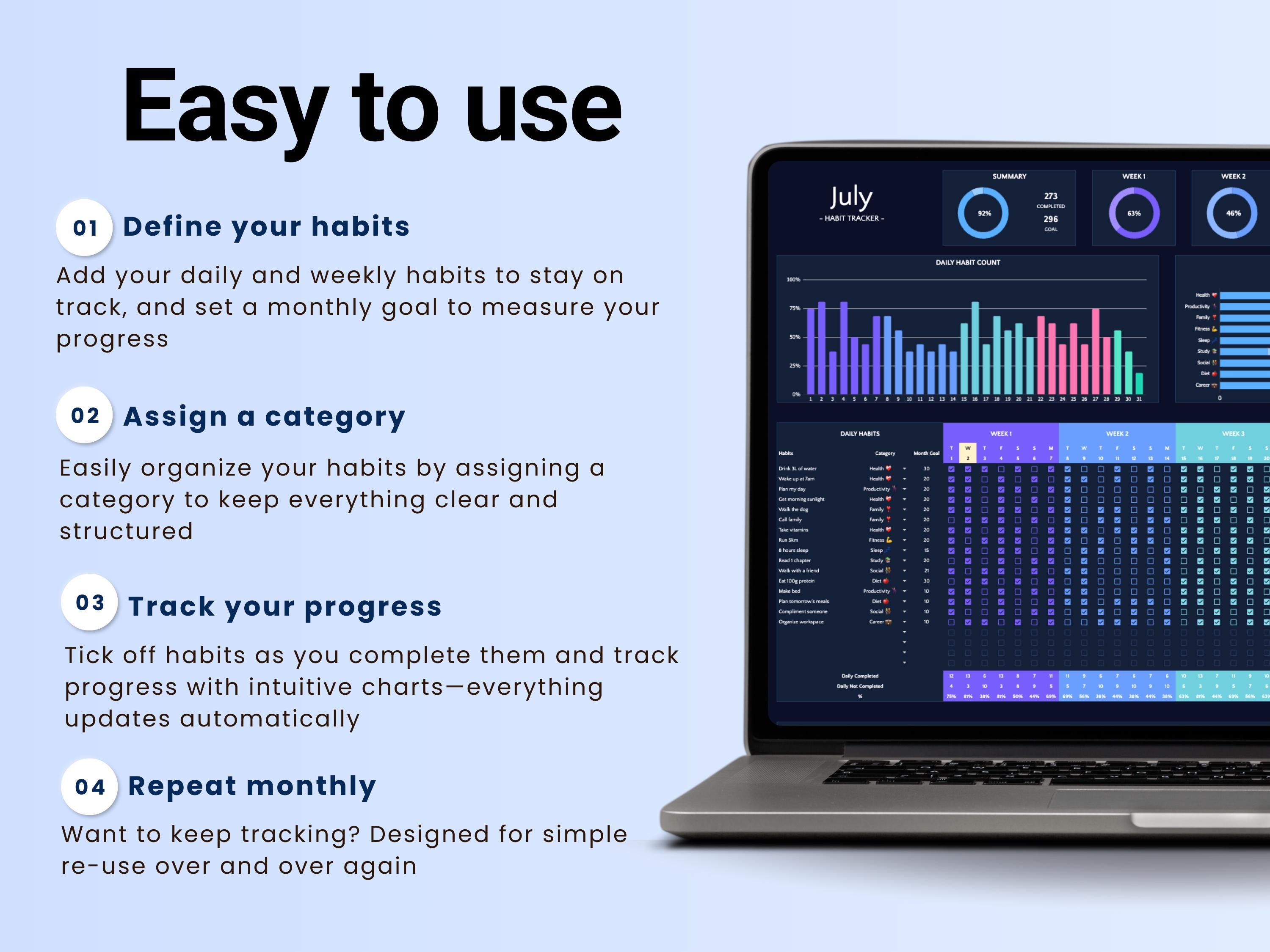 Habit Tracker Spreadsheet Daily Weekly Monthly Habit Tracking Template ...