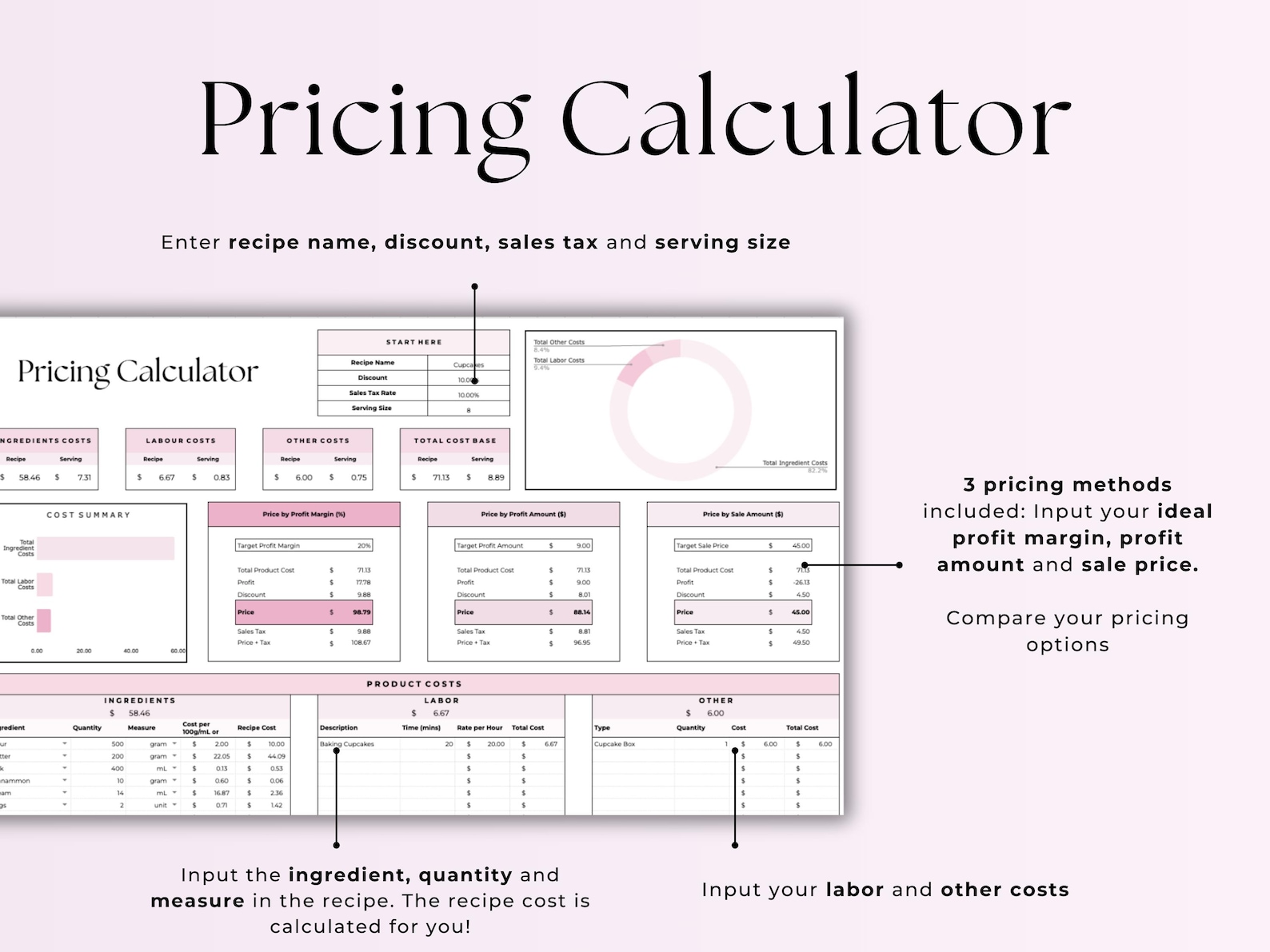 Recipe Cost and Pricing Calculator, Order Tracker Home Baker Business ...