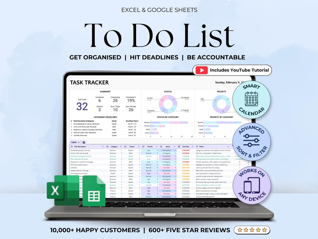 To-do List Spreadsheet Excel Task Tracker Google Sheets to Do Checklist ...