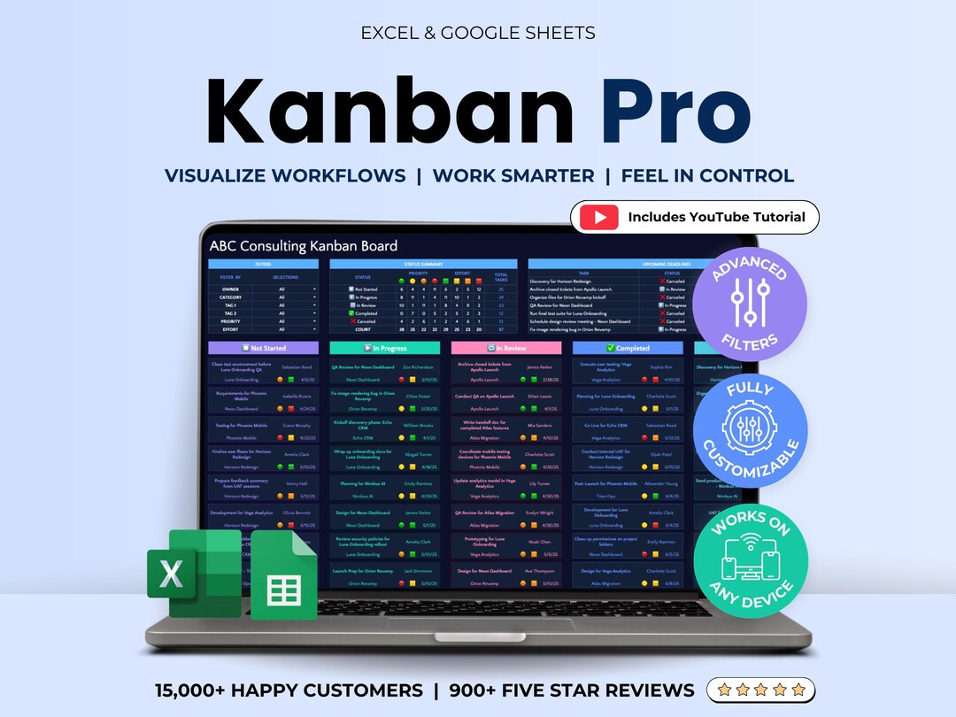 Kanban Board Spreadsheet Task Tracker Excel Project Management Planner ...