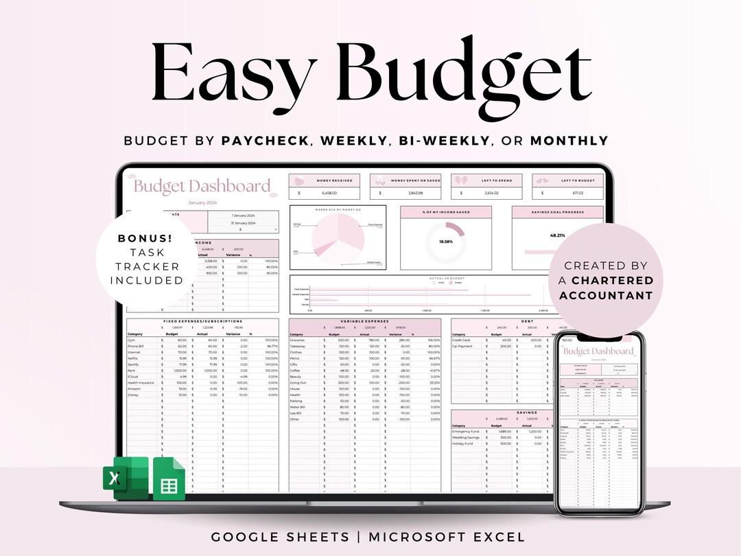 Easy 2024 Monthly Budget Planner Spreadsheet Template, Digital ...