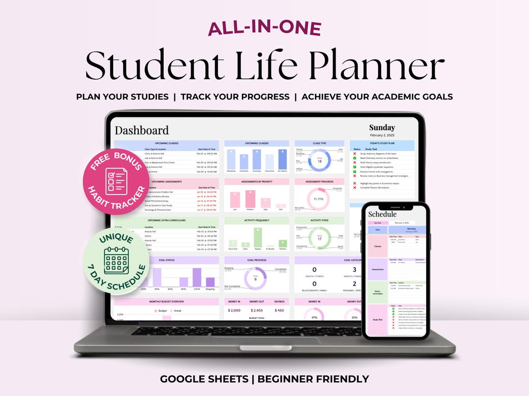 Student Planner Spreadsheet 2025 Academic College Assignment Tracker ...