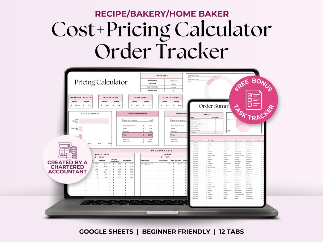 Recipe Cost and Pricing Calculator, Order Tracker Home Baker Business ...