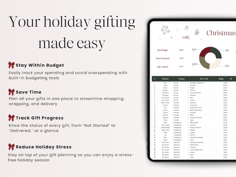 Christmas Gift Tracker Spreadsheet Holiday Gift Template Gift Budget ...