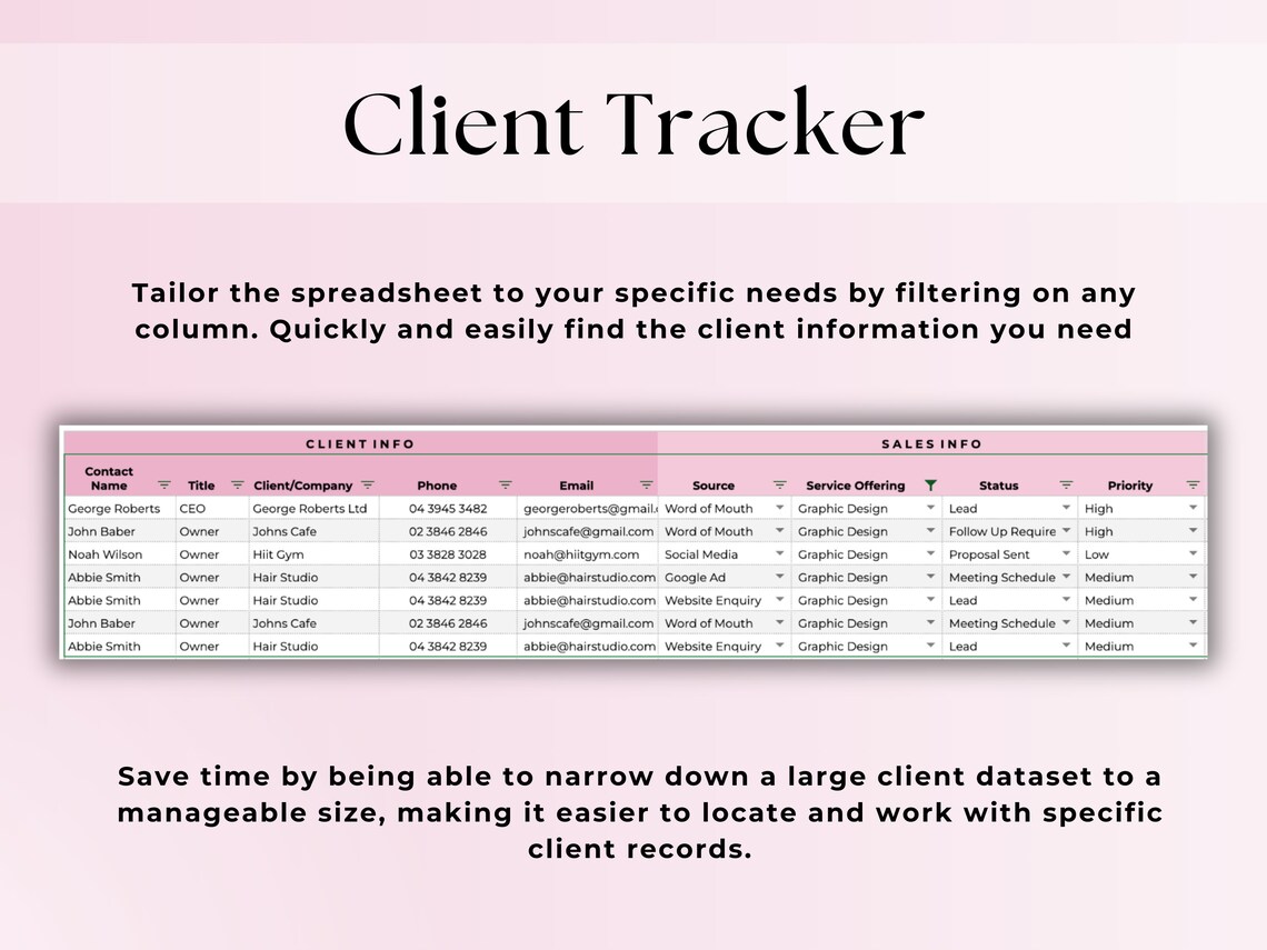 CRM Client Tracker, Customer Management Spreadsheet, Client CRM ...