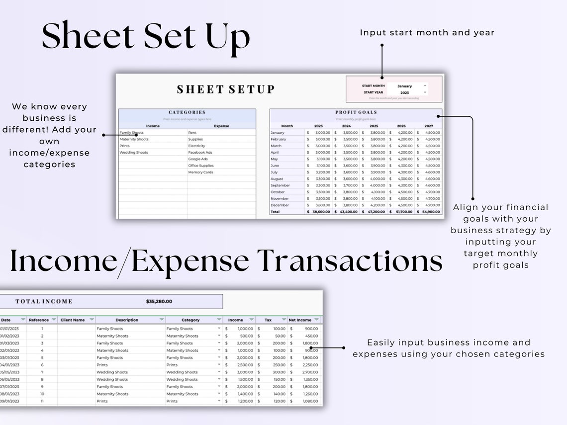 Easy Bookkeeping Spreadsheet Template for Photographer Videographer ...