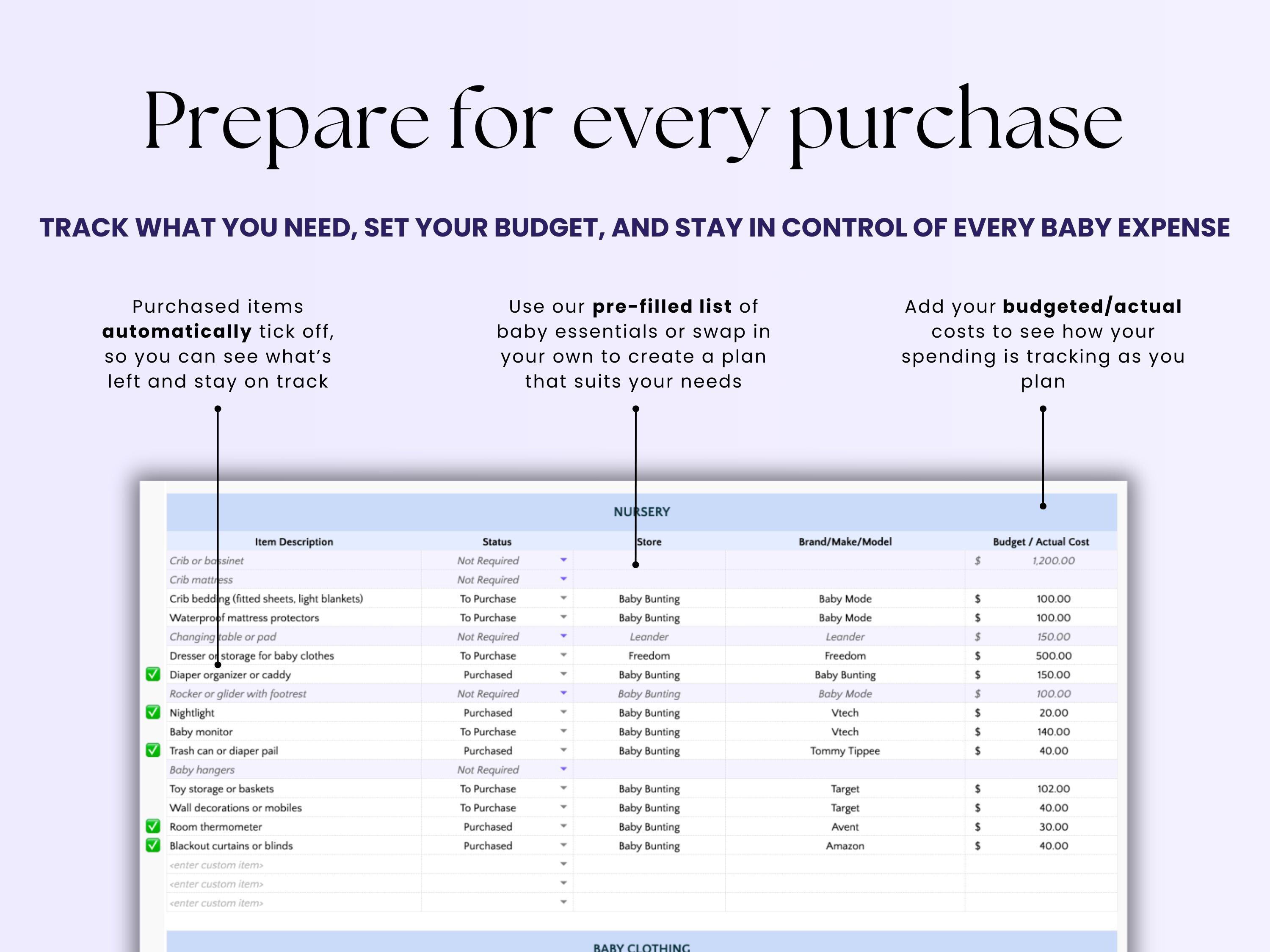 Baby Budget Planner Spreadsheet, Baby Product Shopping List, Pregnancy ...