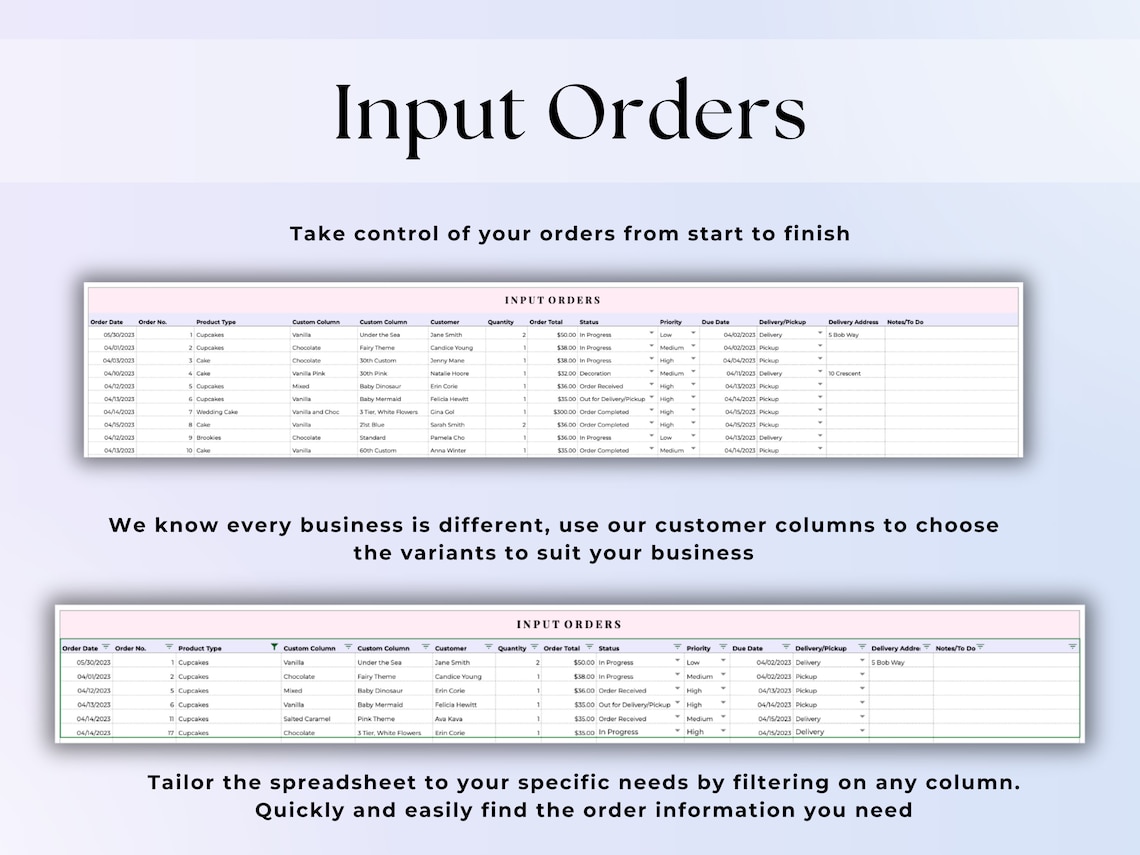 Order Tracker Spreadsheet, Home Baker Business Order Log Template ...