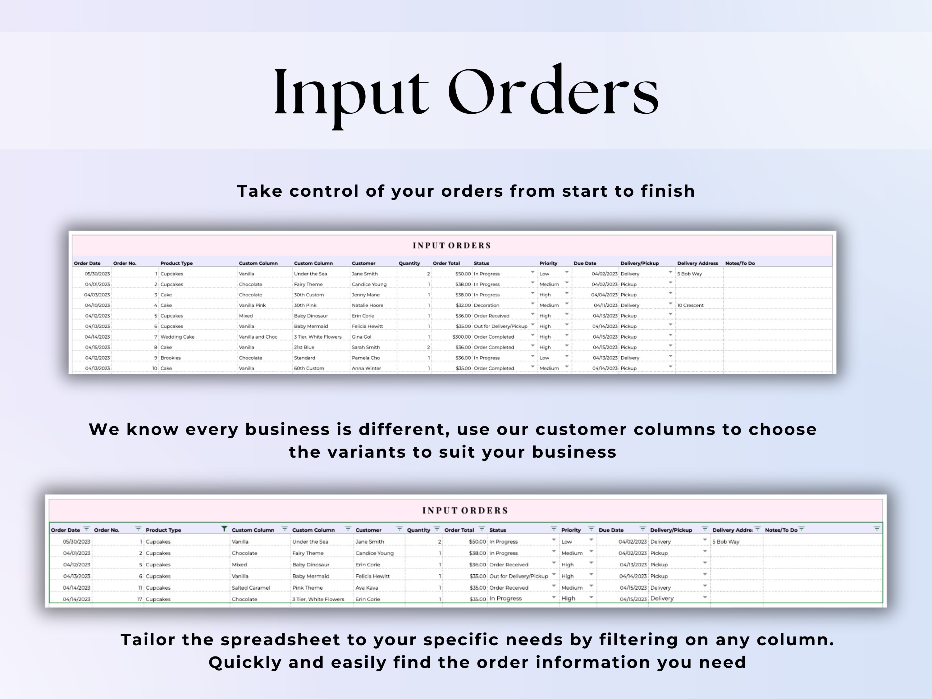 Order Tracker Spreadsheet, Home Baker Business Order Log Template ...