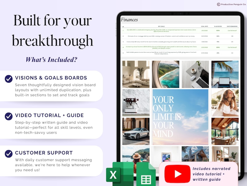Vision Board Goal Planner Printable Google Sheets Excel Digital 2026 ...