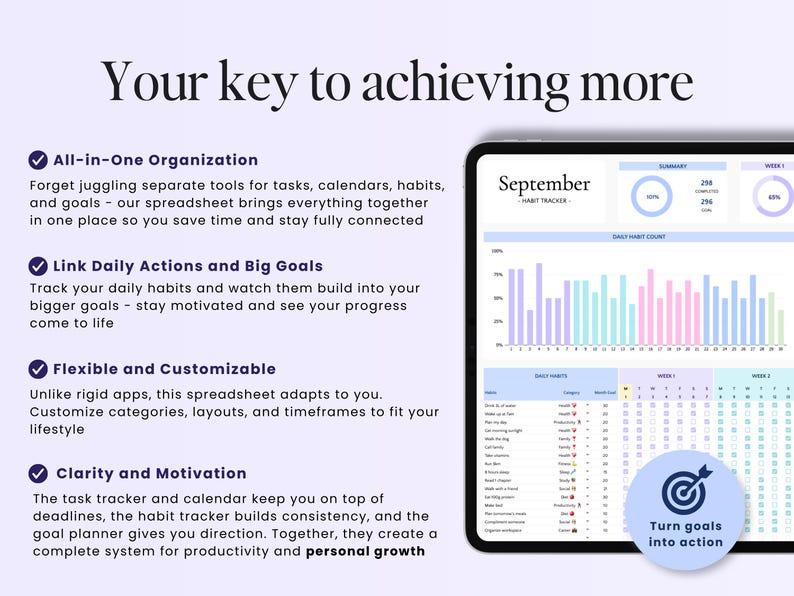 Task, Goal & Habit Tracker Spreadsheet | Productivity Planner, to Do ...