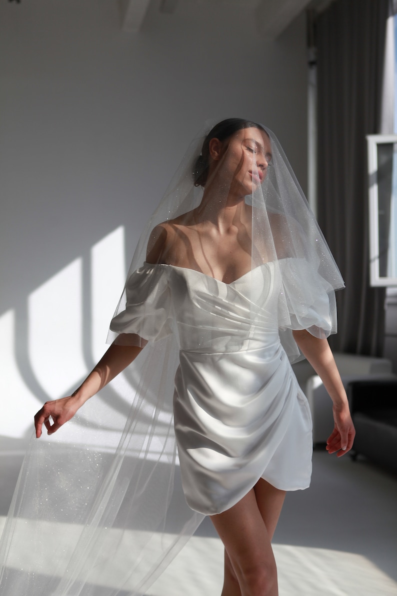 Glitter wedding veil with blusher, two tier long shimmer veil ...