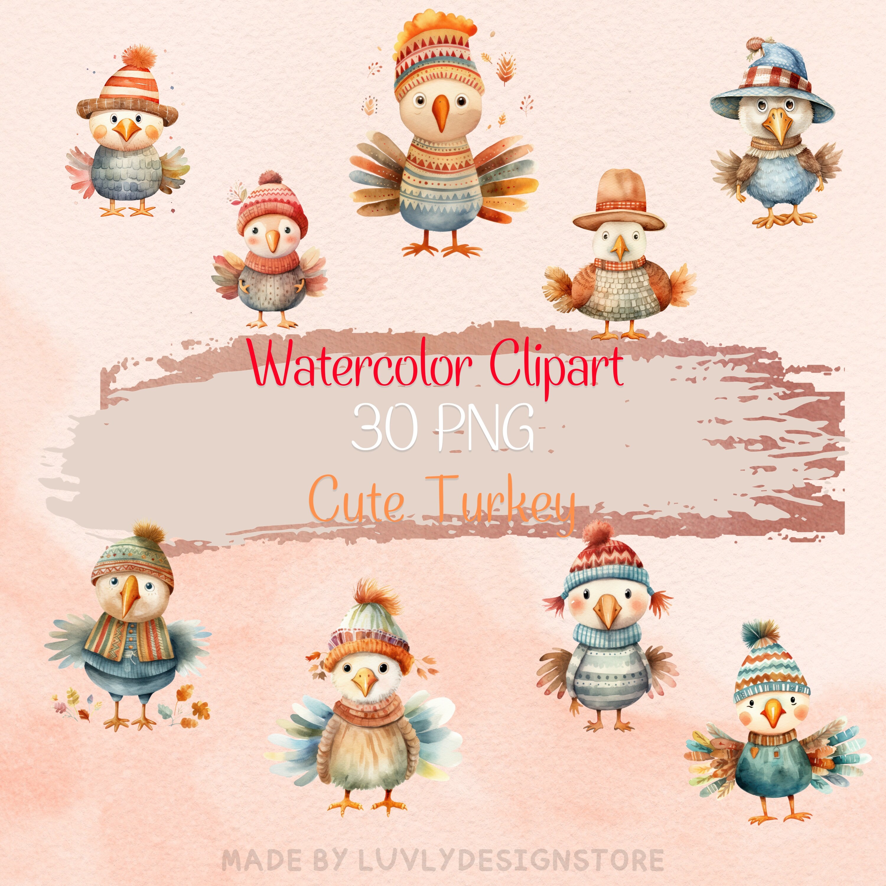Colorful Watercolor Cute Turkeys 30 PNG 300 DPI, Thanksgiving Turkey ...