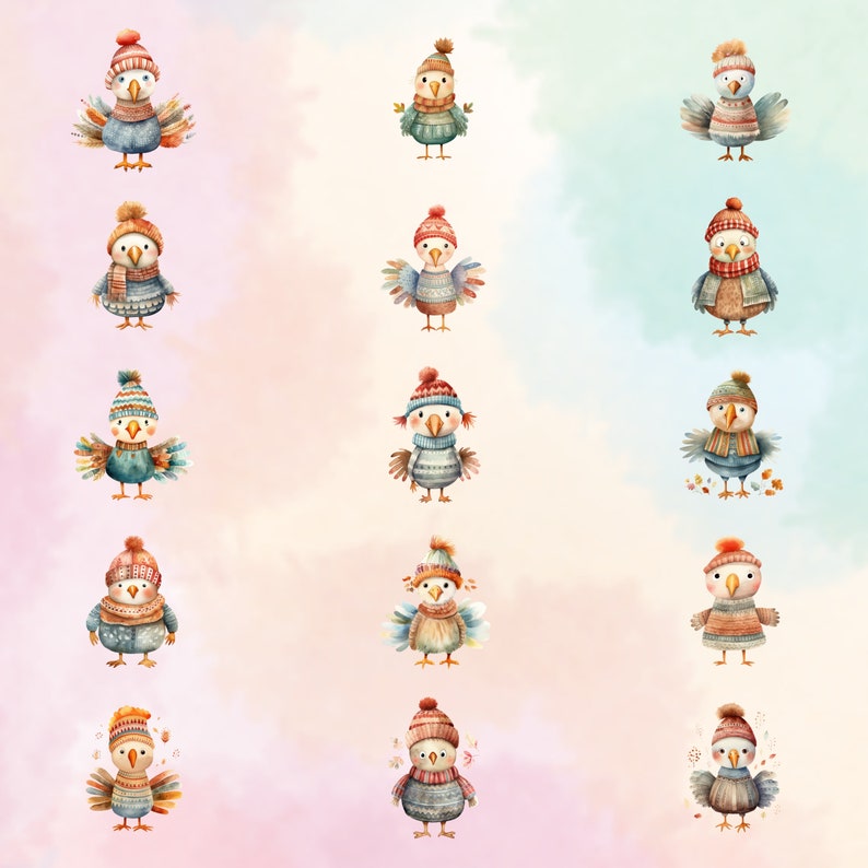 Colorful Watercolor Cute Turkeys 30 PNG 300 DPI, Thanksgiving Turkey ...