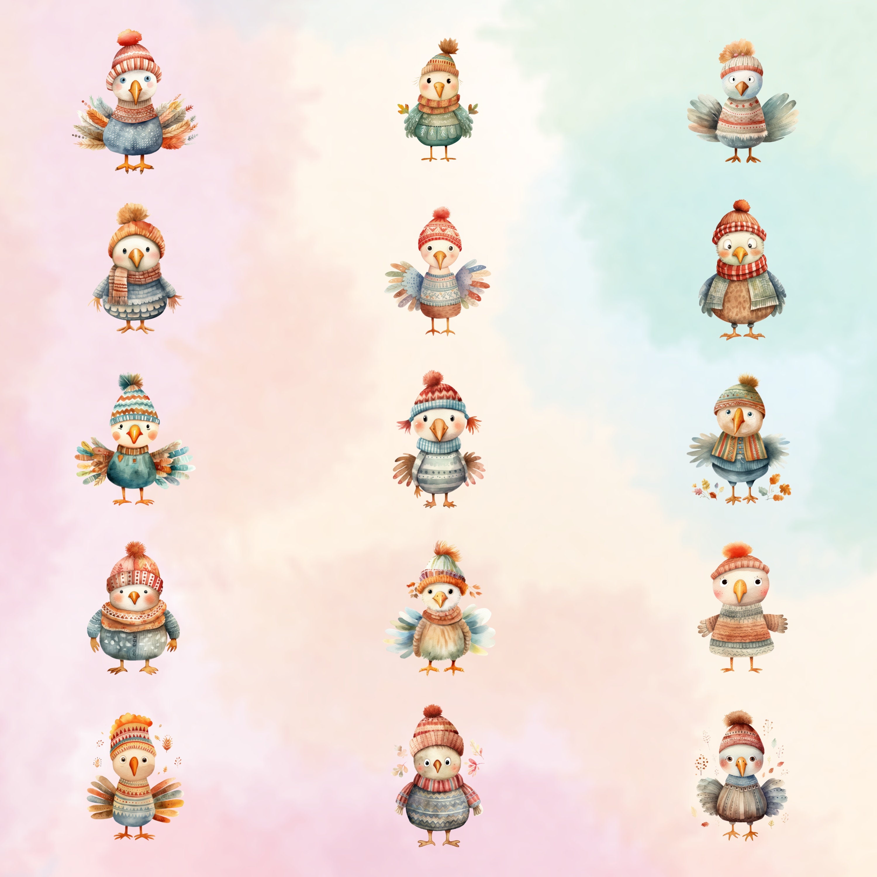 Colorful Watercolor Cute Turkeys 30 PNG 300 DPI, Thanksgiving Turkey ...