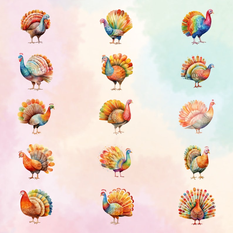 Colorful Watercolor Turkeys 30 PNG 300 DPI, Thanksgiving Turkey Clipart ...