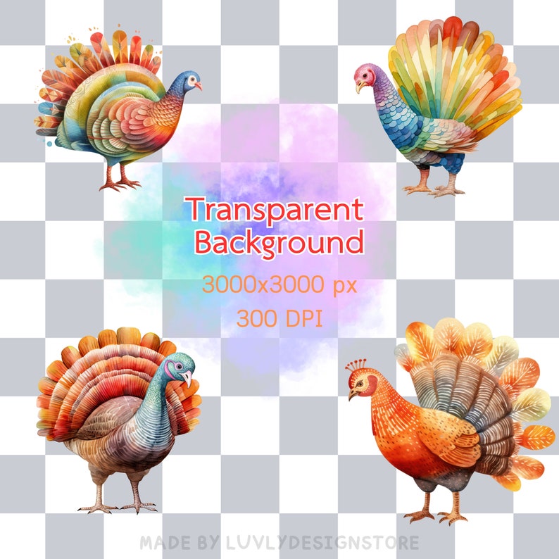 Colorful Watercolor Turkeys 30 PNG 300 DPI, Thanksgiving Turkey Clipart ...