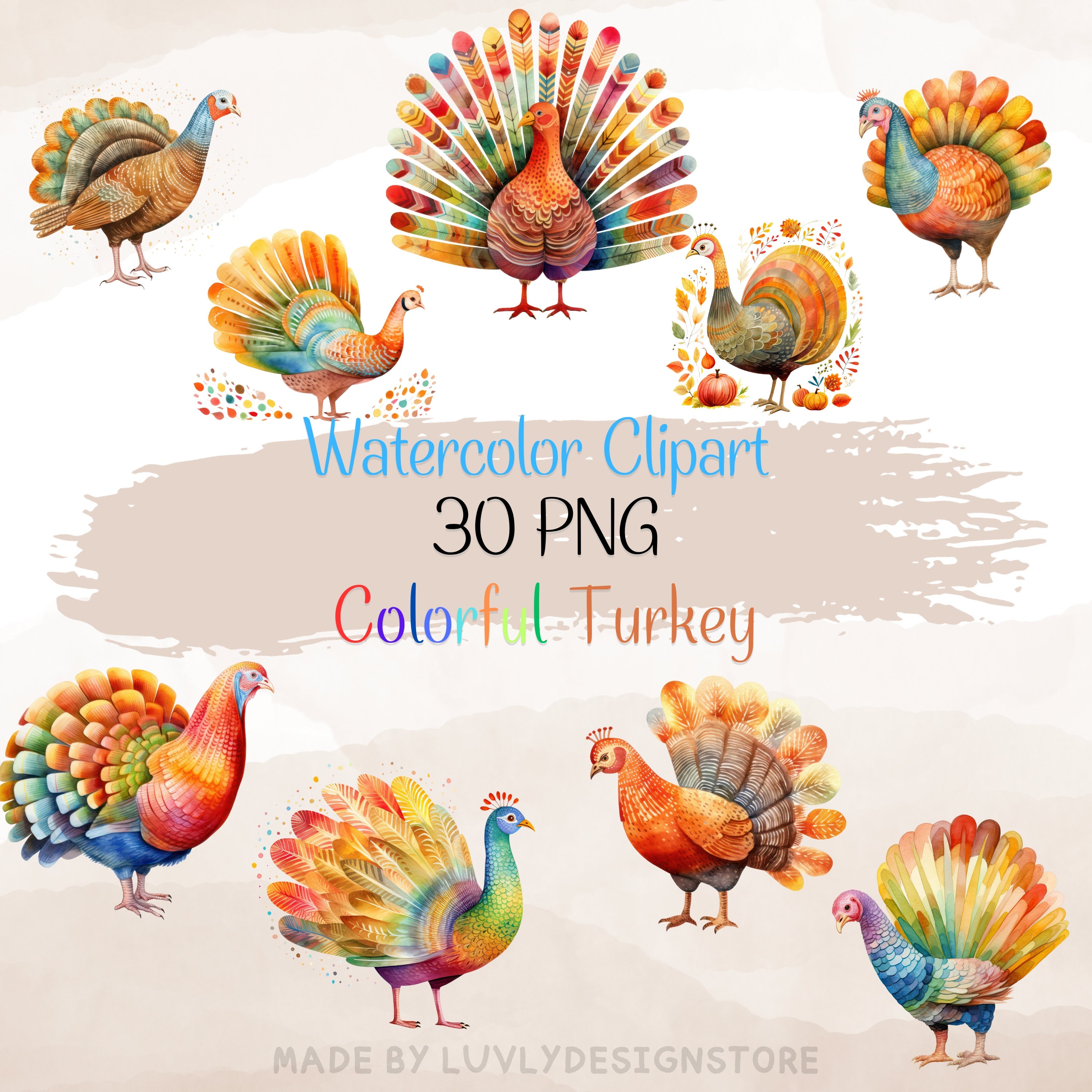 Colorful Watercolor Turkeys 30 PNG 300 DPI, Thanksgiving Turkey Clipart ...