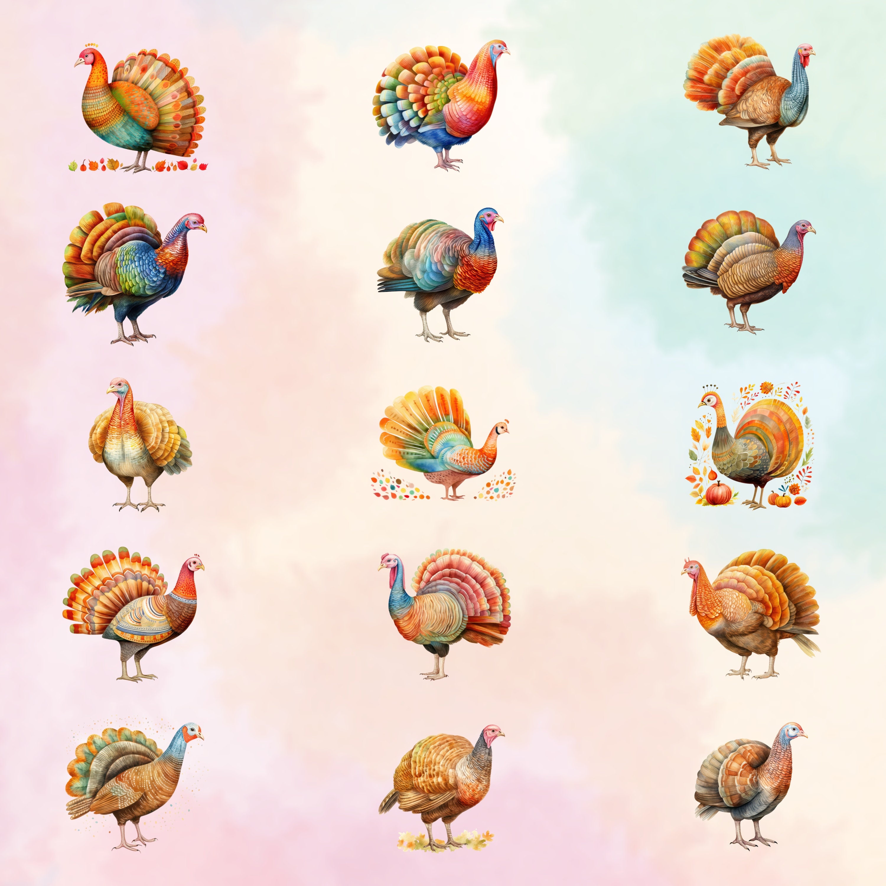 Colorful Watercolor Turkeys 30 PNG 300 DPI, Thanksgiving Turkey Clipart ...