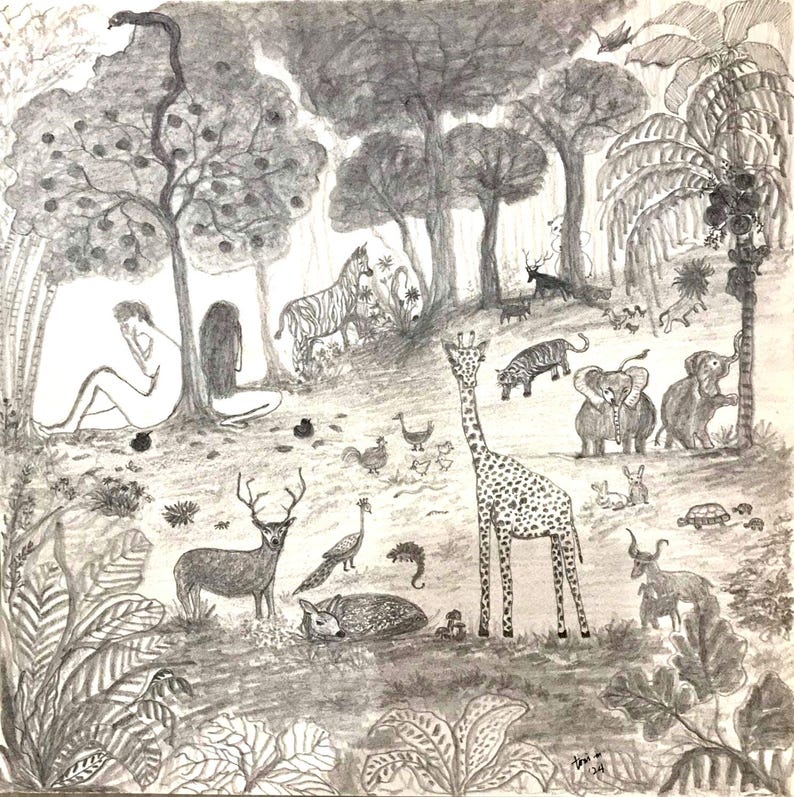 Adam and Eve in the Garden of Eden, an Original Hand Drawn Art in ...