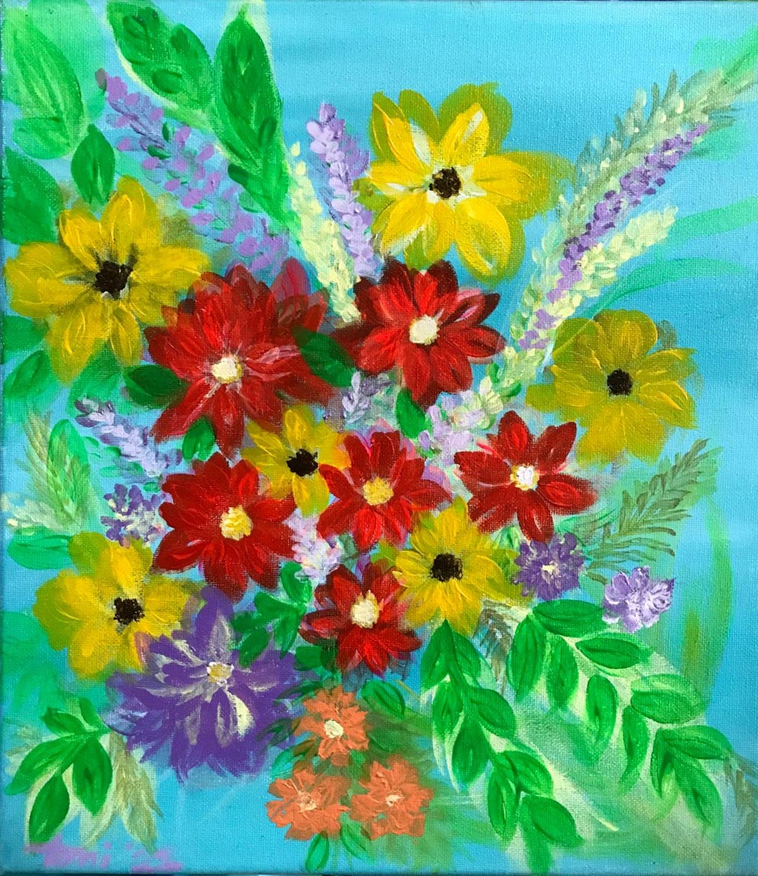 Handpainted Spring Flowers Bouquet, Acrylic on Canvas, Floral Wall Art ...