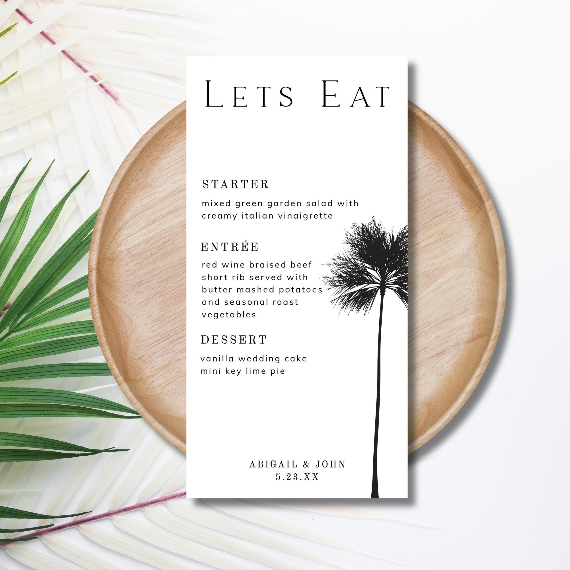 Minimalist Palm Tree Wedding Menu. 4x8 Size. Editable Menu Template ...