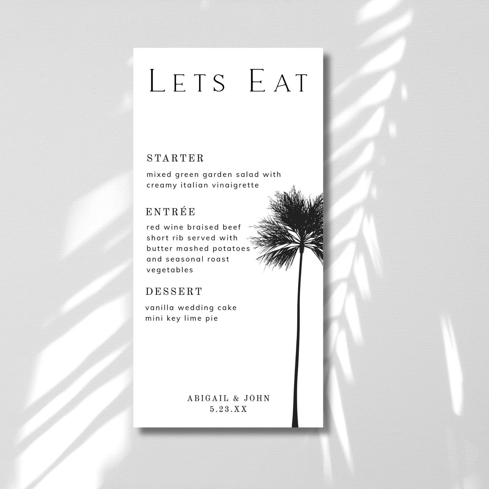 Minimalist Palm Tree Wedding Menu. 4x8 Size. Editable Menu Template ...