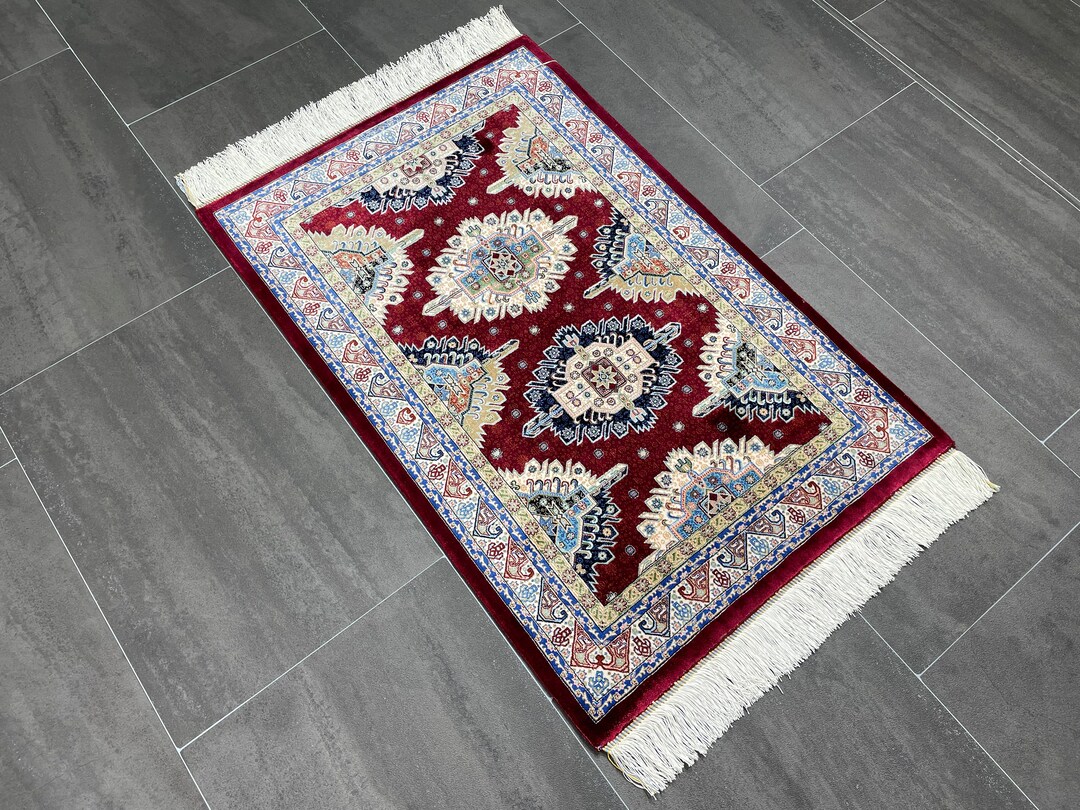 2x3 Ethnic Design Silk Rug, Dark Red Silk Rug, 2x3 Gift Rug, Mini Silk ...