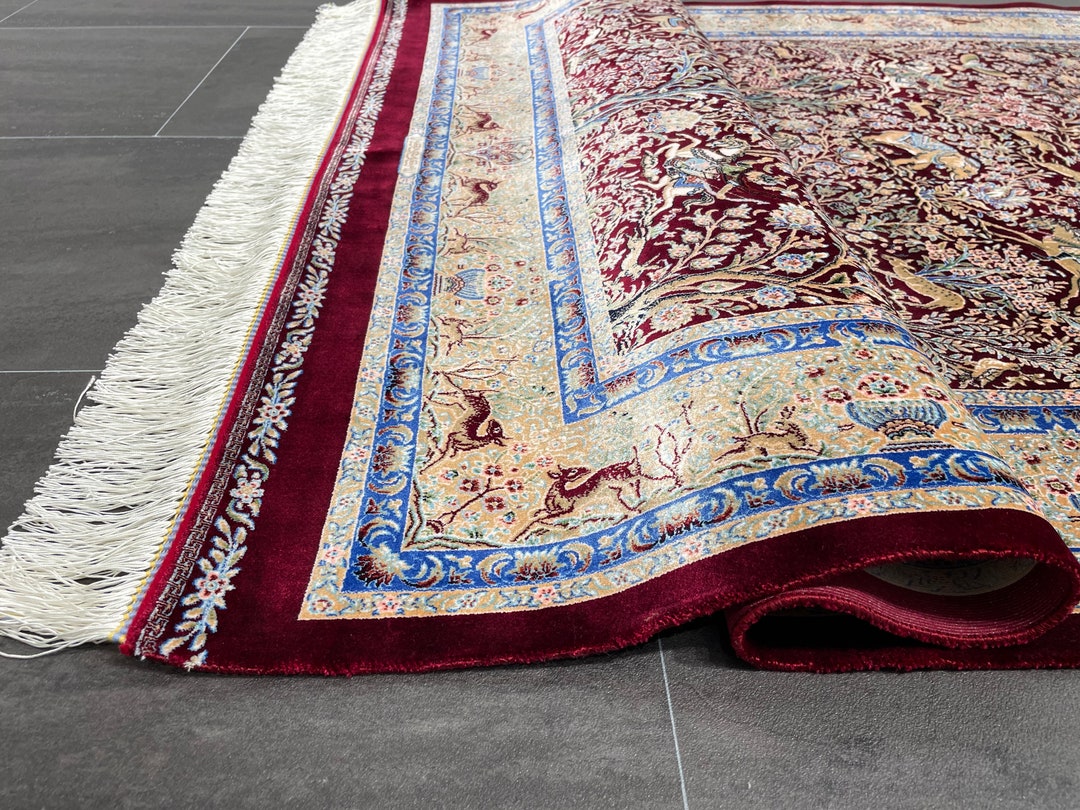 Traditional Small Red Silk Rug, 3x5 Bamboo Silk Rug, Animal Patterned ...