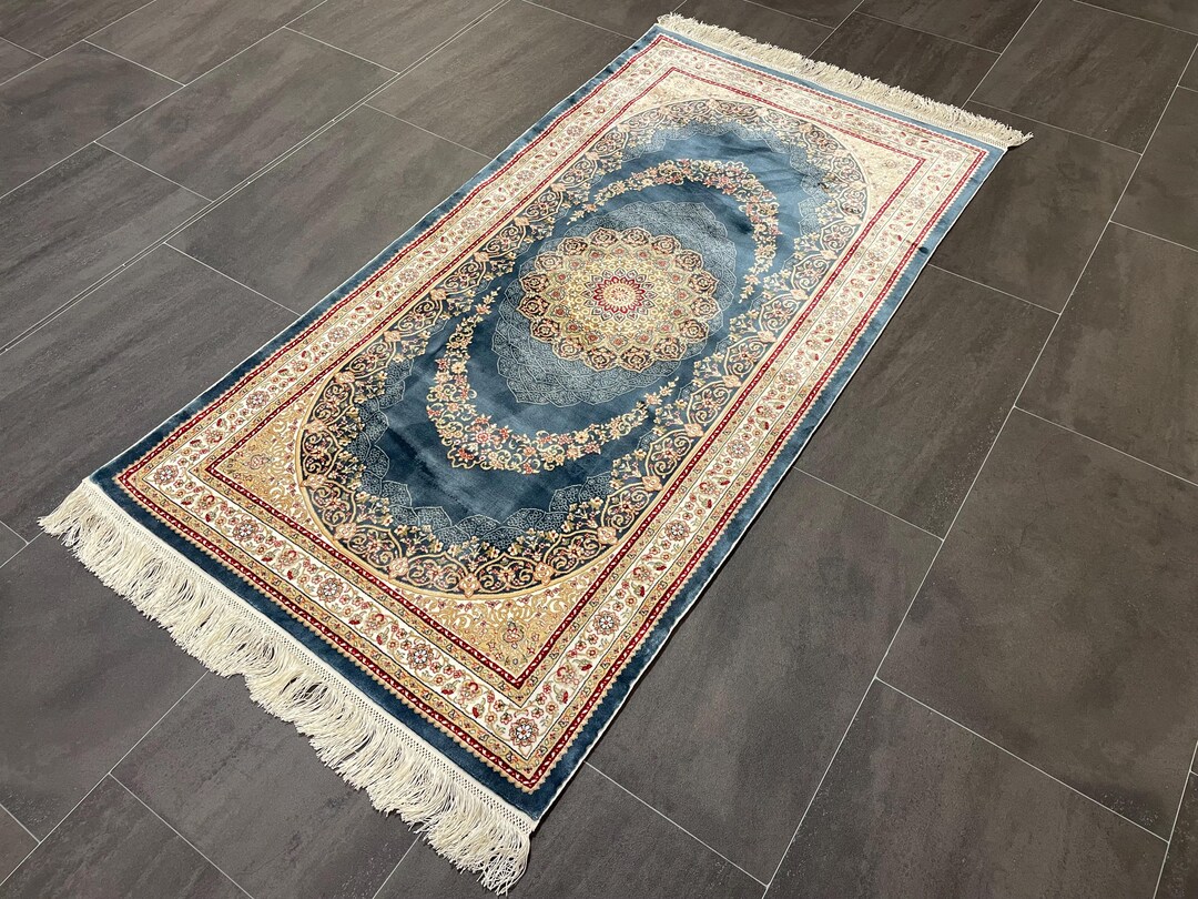 3x5 Navy Blue Medallion Design Rug, Bamboo Silk Rug, Turish Area Rug ...