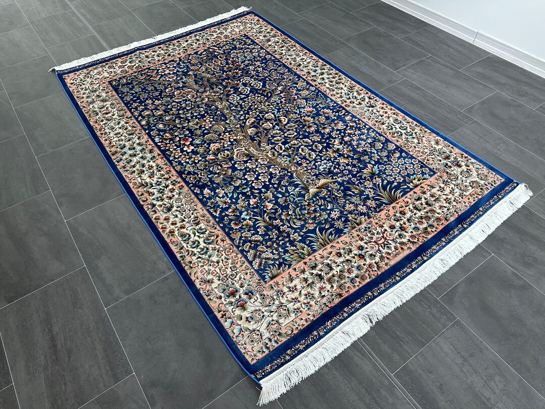 5x8 Blue Silk Rug, Persian Silk Rug, Living Room Rug, 5x8 Carpet, Top ...